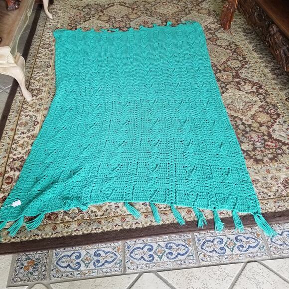 Handmade | Bedding | Vintage Handmade Afghan Cover Throw Green Fringe ...